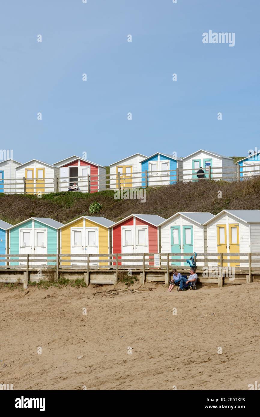 Colourful beach huts on the beach at Bude, Cornwall, England, UK Stock ...