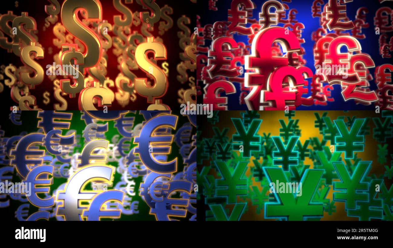 A set of four vibrant photos featuring images of currency symbols and ...