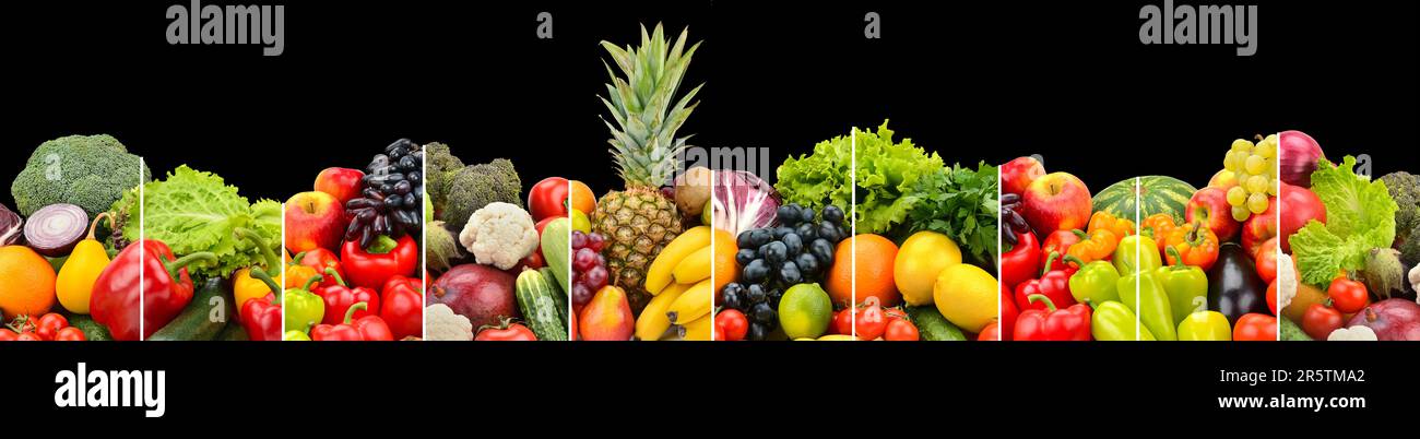 Fruits and vegetables separated by vertical lines isolated on black ...