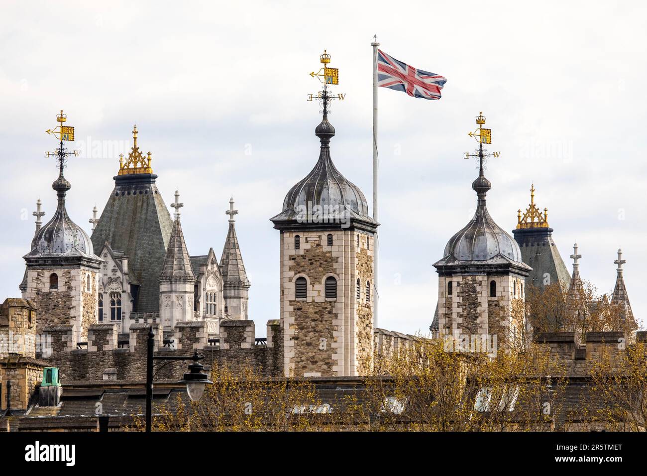 Tower of London and the towers of Tower Bridge viewed from Coopers Row ...