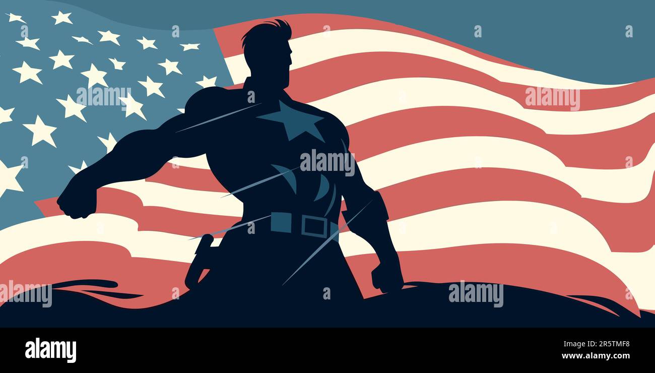 Fictional American hero standing on a waving USA flag background, retro ...