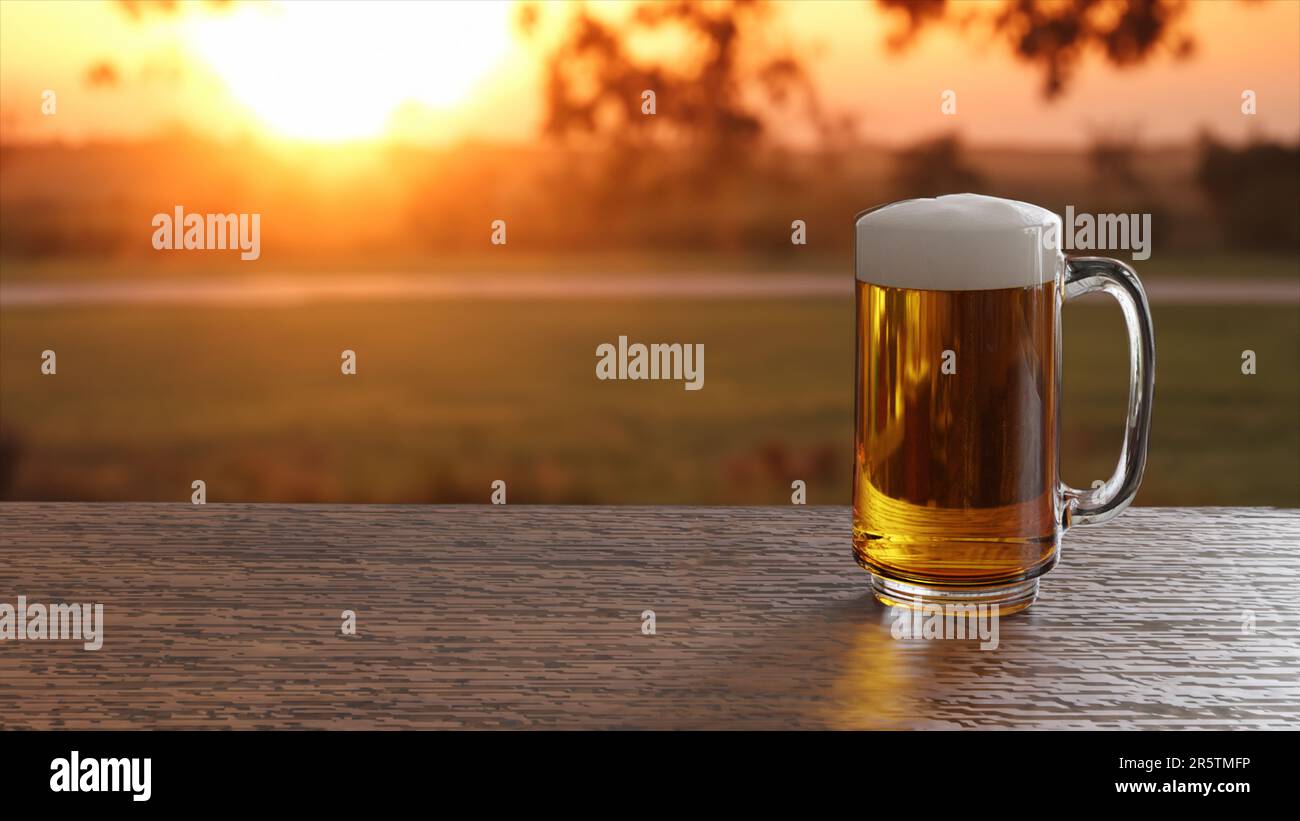 Draft or craft beer in clear glass on wooden tables and chairs. Lounge ...