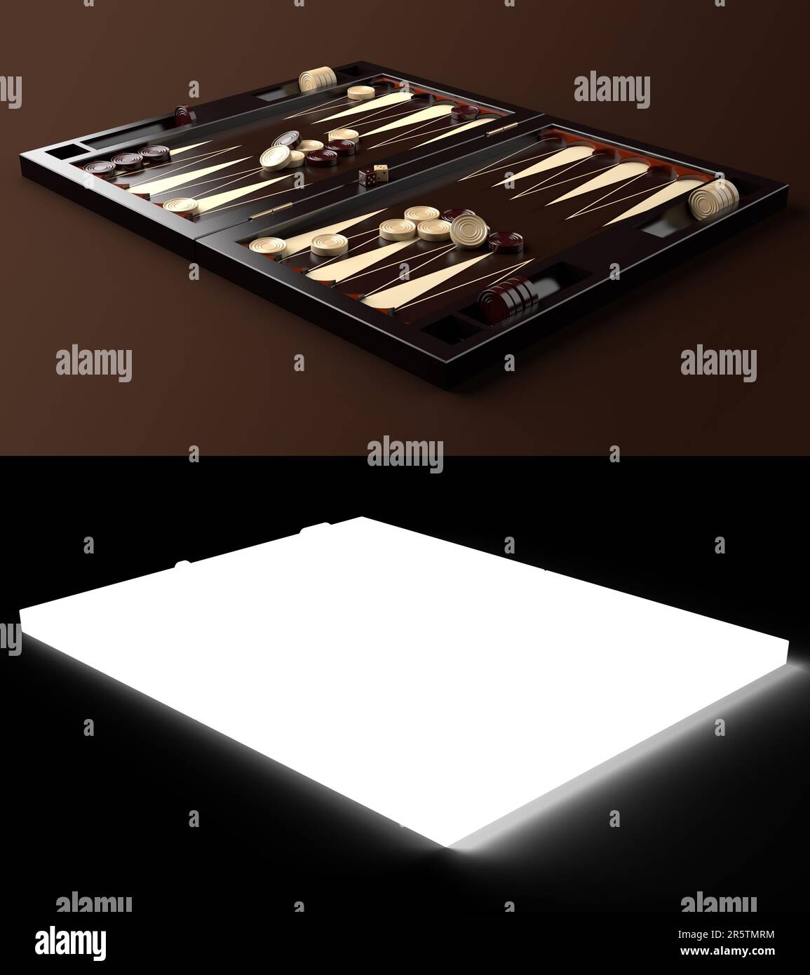 Two photographs of a classic backgammon board set featuring a brown ...