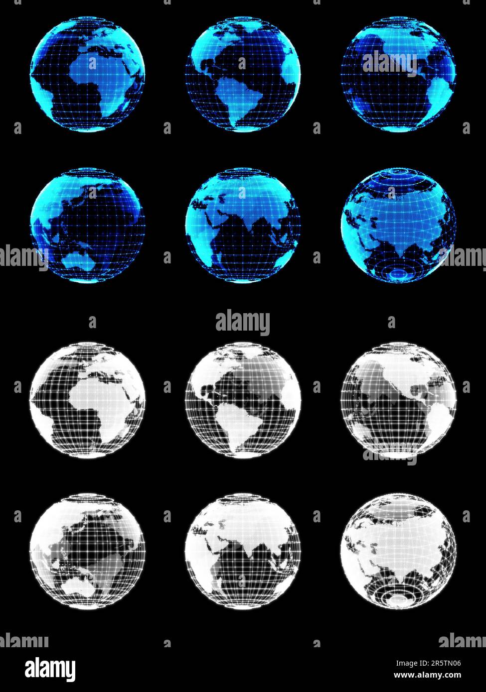 A high-resolution photograph of a set of three blue globes on a black ...