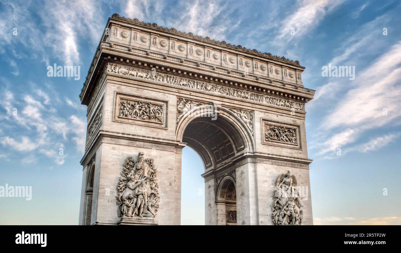 A close-up shot of the iconic Arc de Triomphe located in Paris, France ...