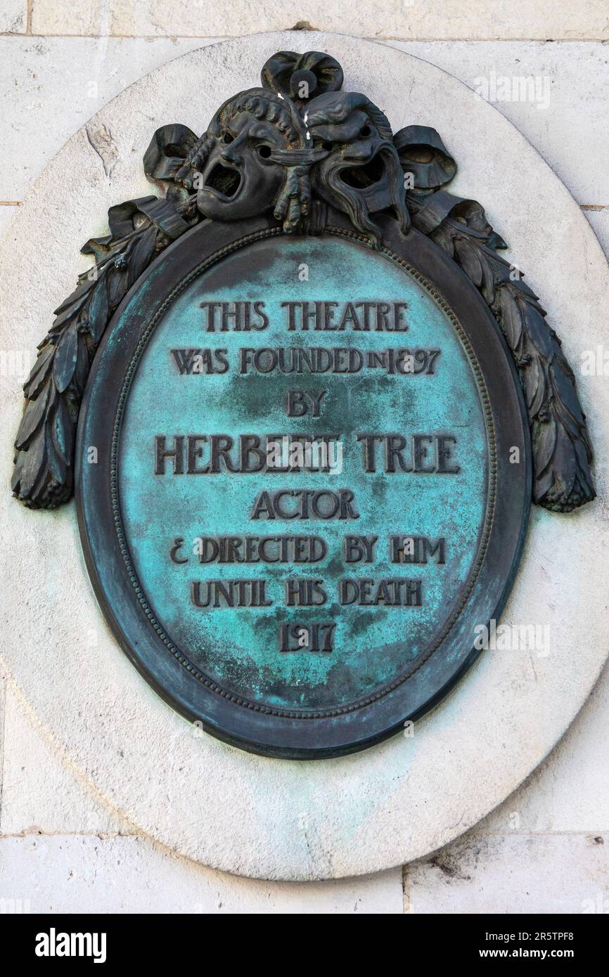 A plaque on the exterior of Her Majestys Theatre on Haymarket in London ...