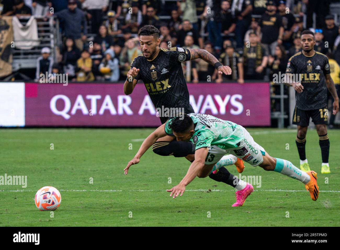 LAFC forward Denis Bouanga (99) gets past Club León midfielder Ángel Mena (13) during the 2023 ...