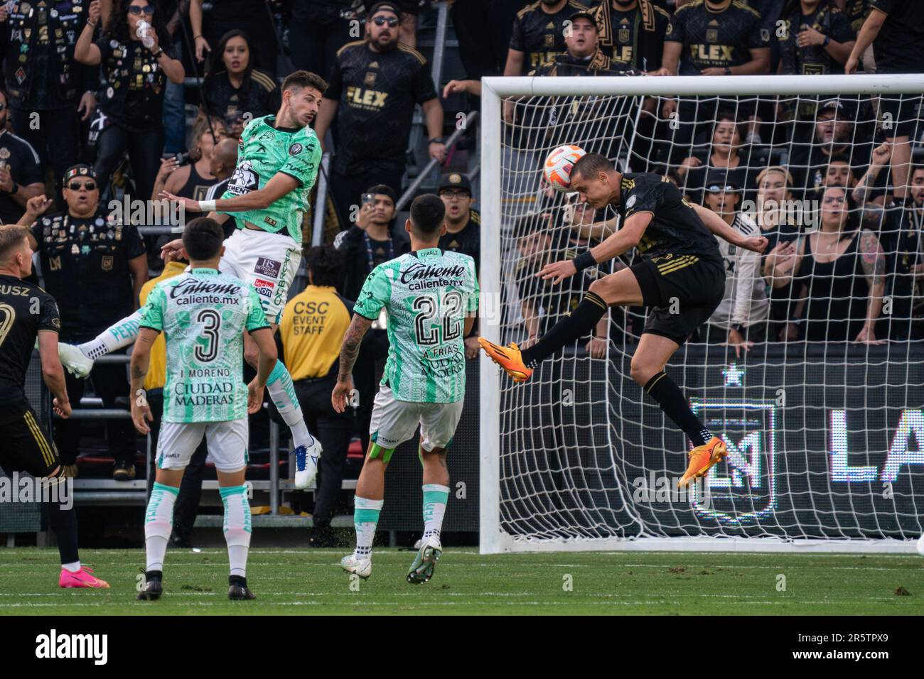 LAFC defender Aaron Long (33) attempts a header from a corner kick ...