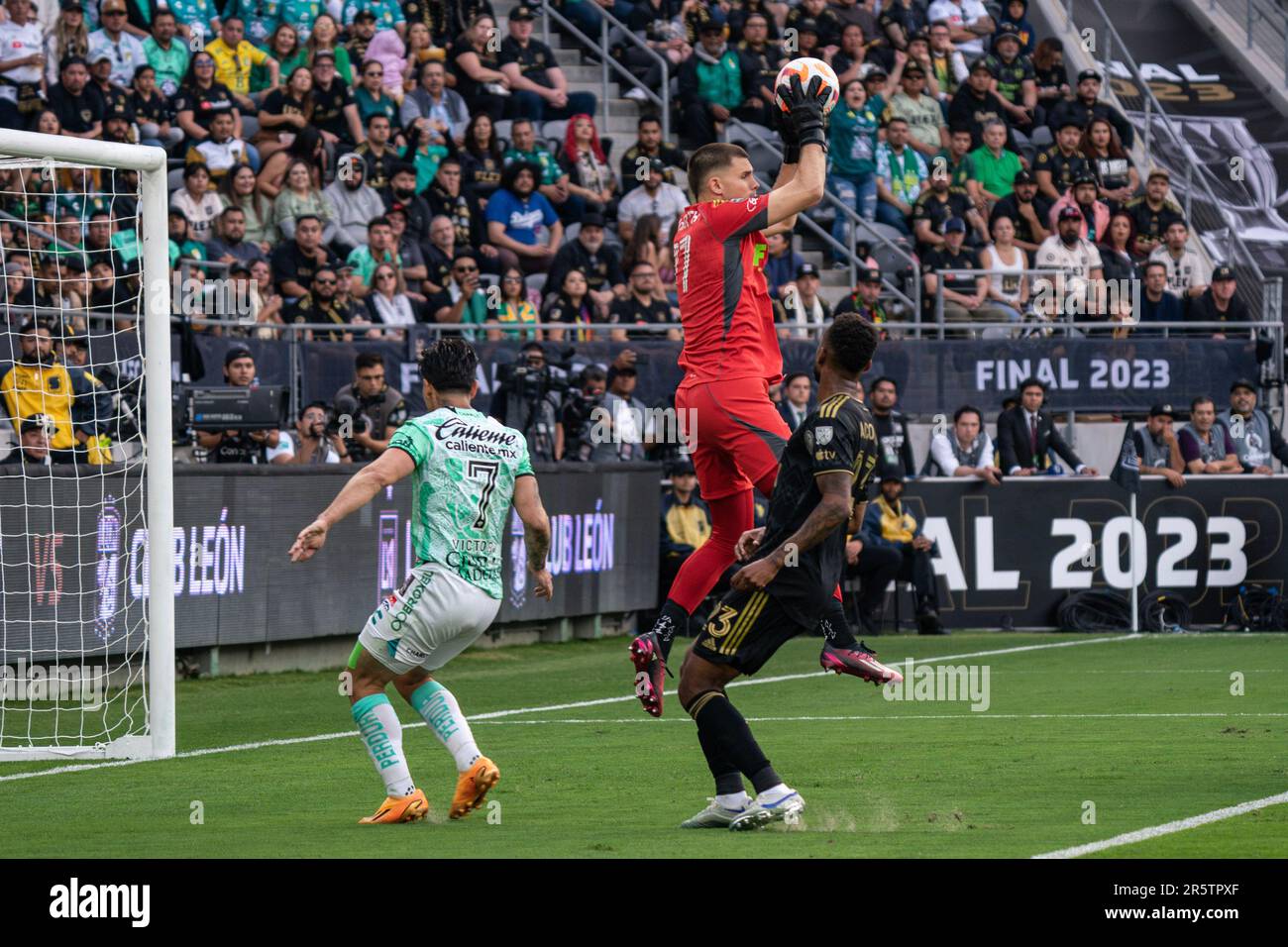 LAFC goalkeeper John McCarthy (77) jumps for the ball during the 2023 ...