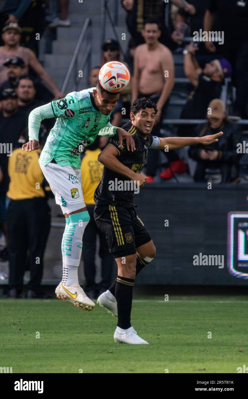 g6 wins a header against LAFC forward Carlos Vela (10) during the 2023 Concacaf Champions League ...