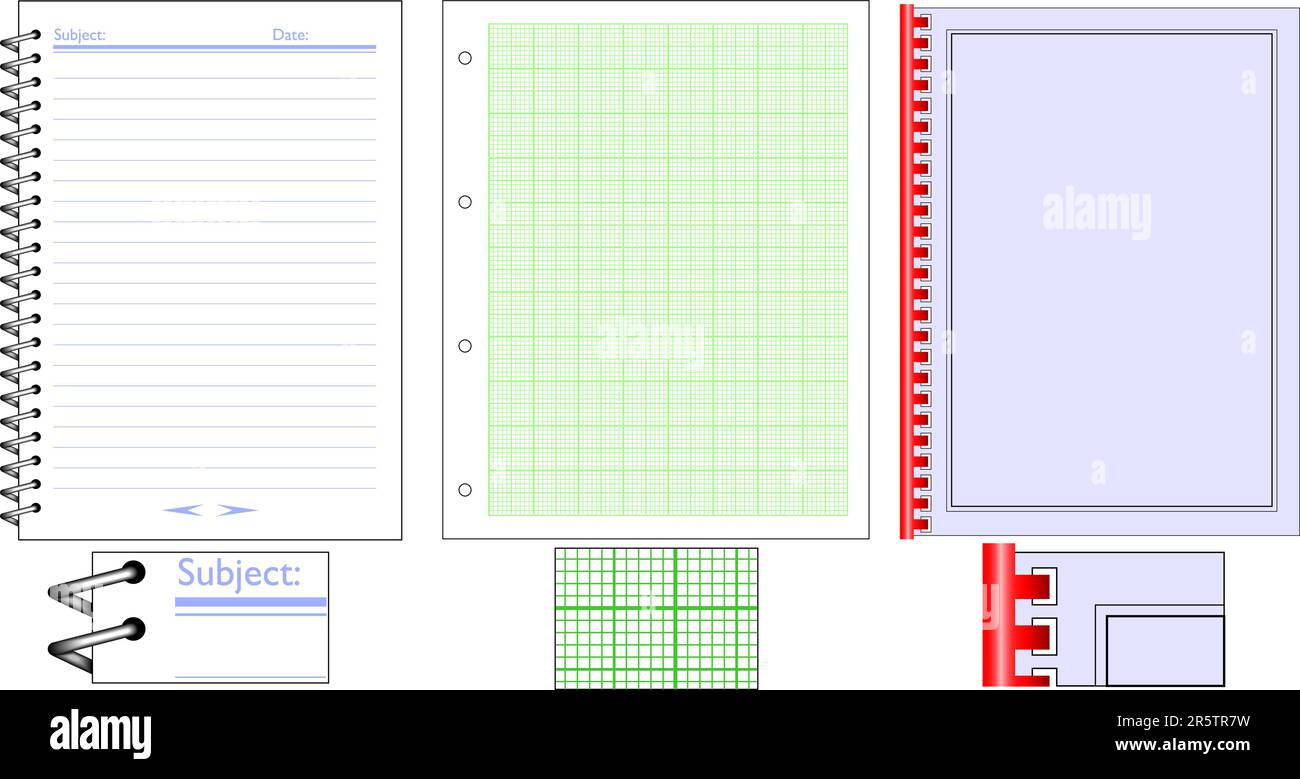 Vector illustration of blank ring-bound notebook, cover and graph paper ...
