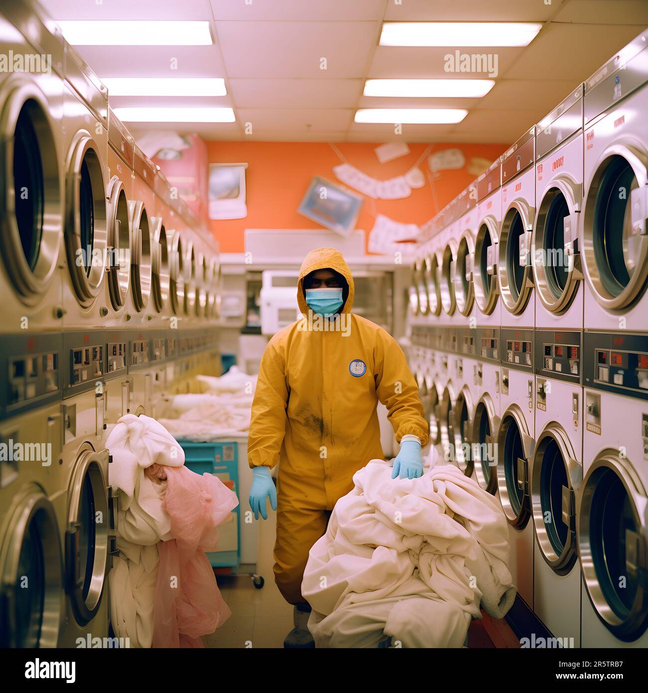 A male figure wearing a yellow suit and protective eyewear stands next ...