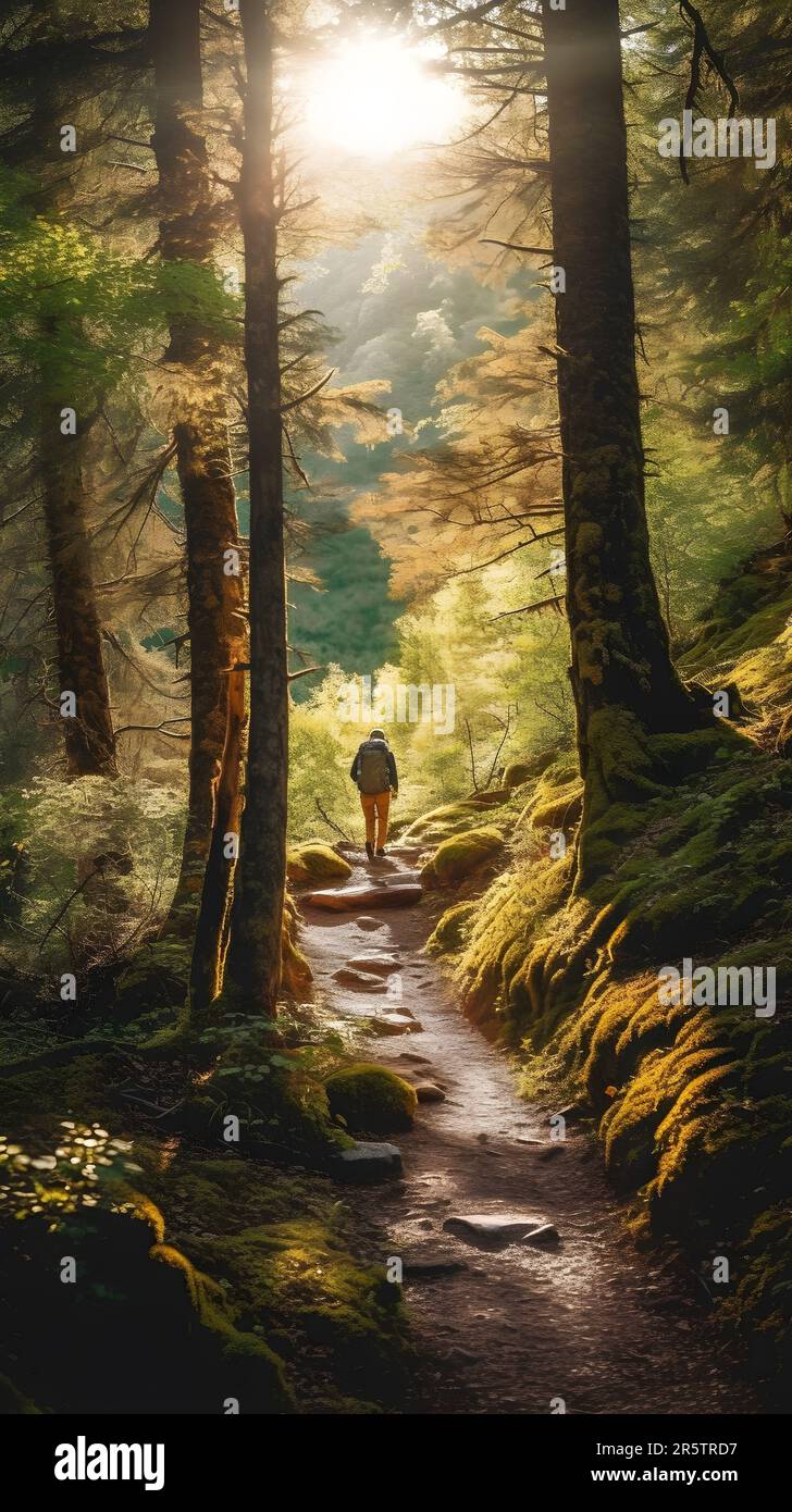 A solitary figure is walking along a tree-lined path in a lush green ...