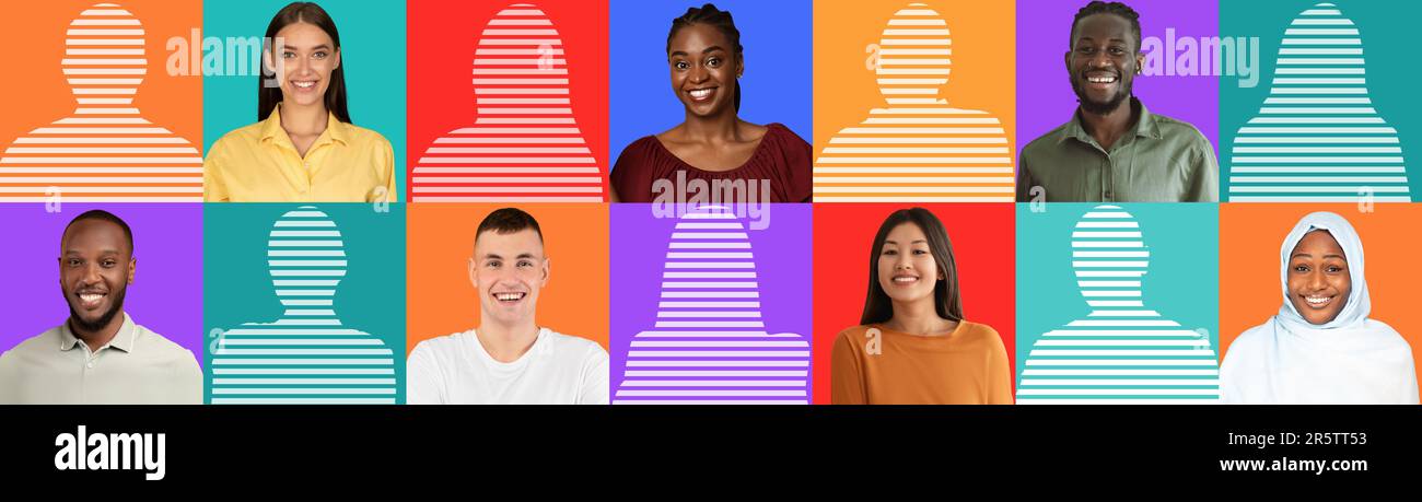 Cheerful millennial international people on colored studio background ...