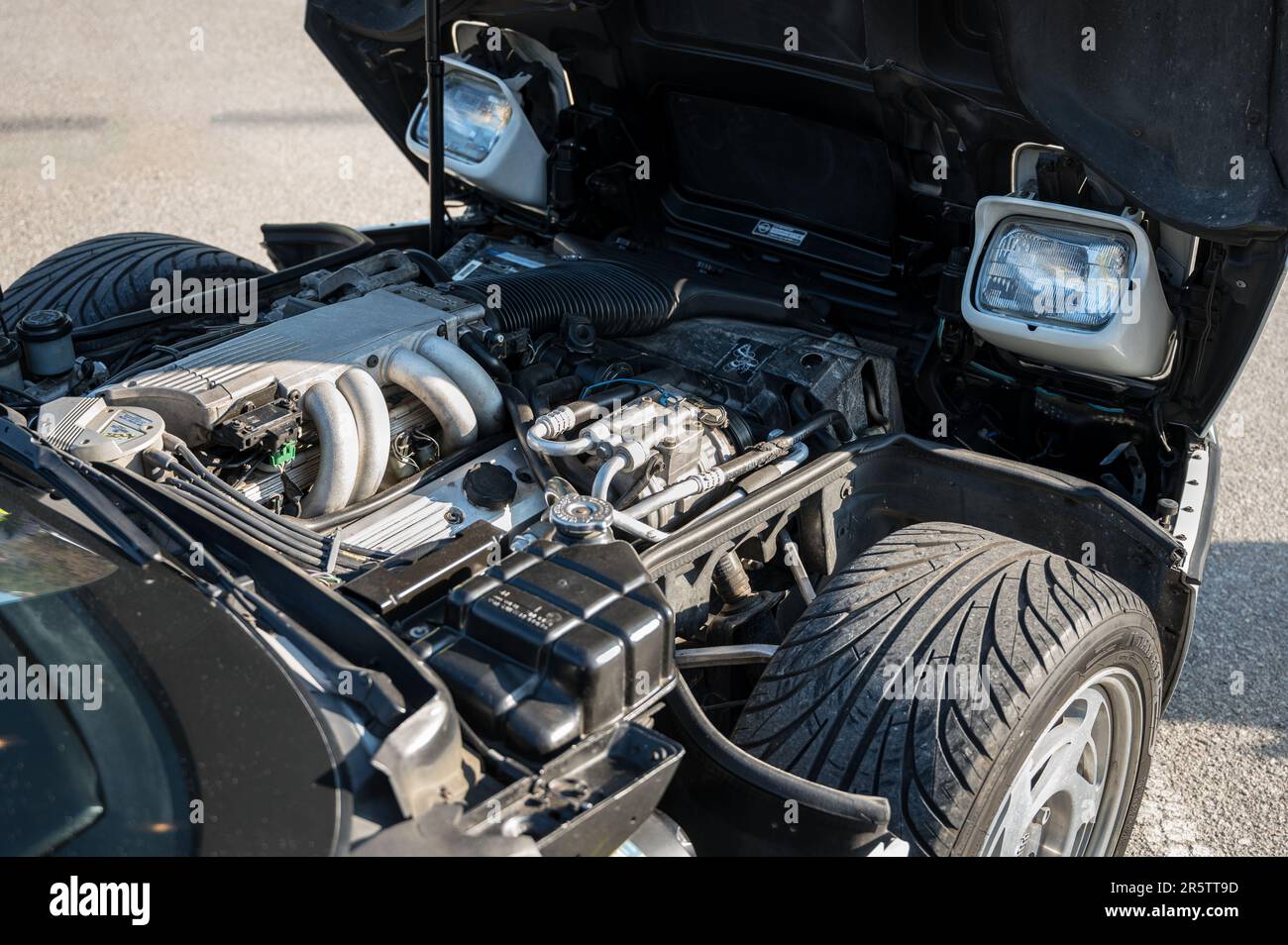 A closeup of the engine of the classic American sports car Chevrolet ...