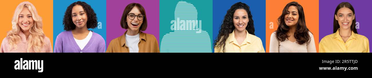 Cheerful millennial multiracial ladies with empty space with man ...