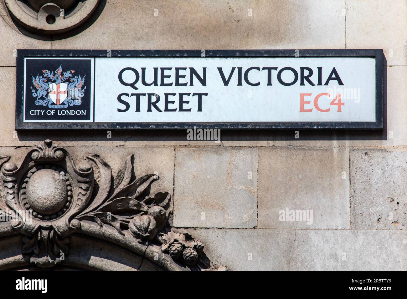London, UK - April 17th 2023: Street sign for Queen Victoria Street in ...