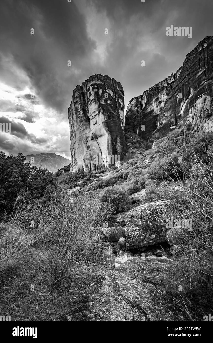 Black and white cliff low angle perspective. Meteora, Greece, majestic ...
