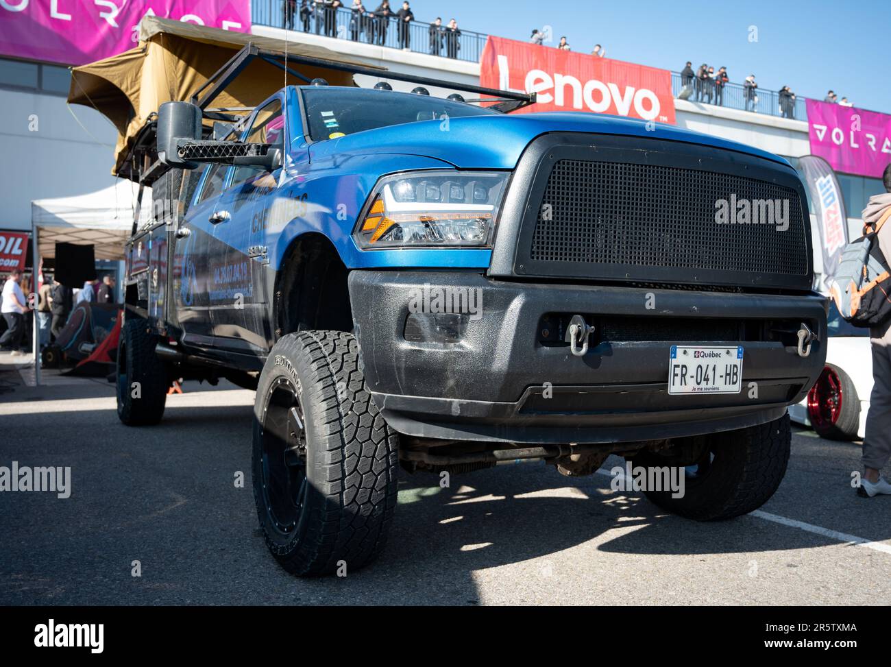 Detail of a large blue RAM pickup off road truck with Cummins engine ...