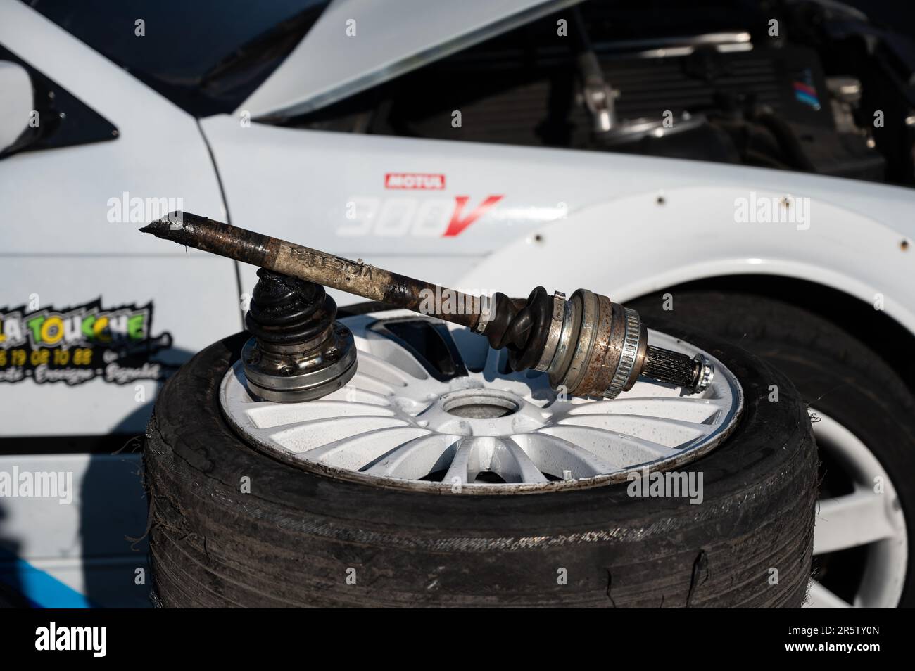 Detail of a split driveshaft due to over-torque in a drift car Stock ...