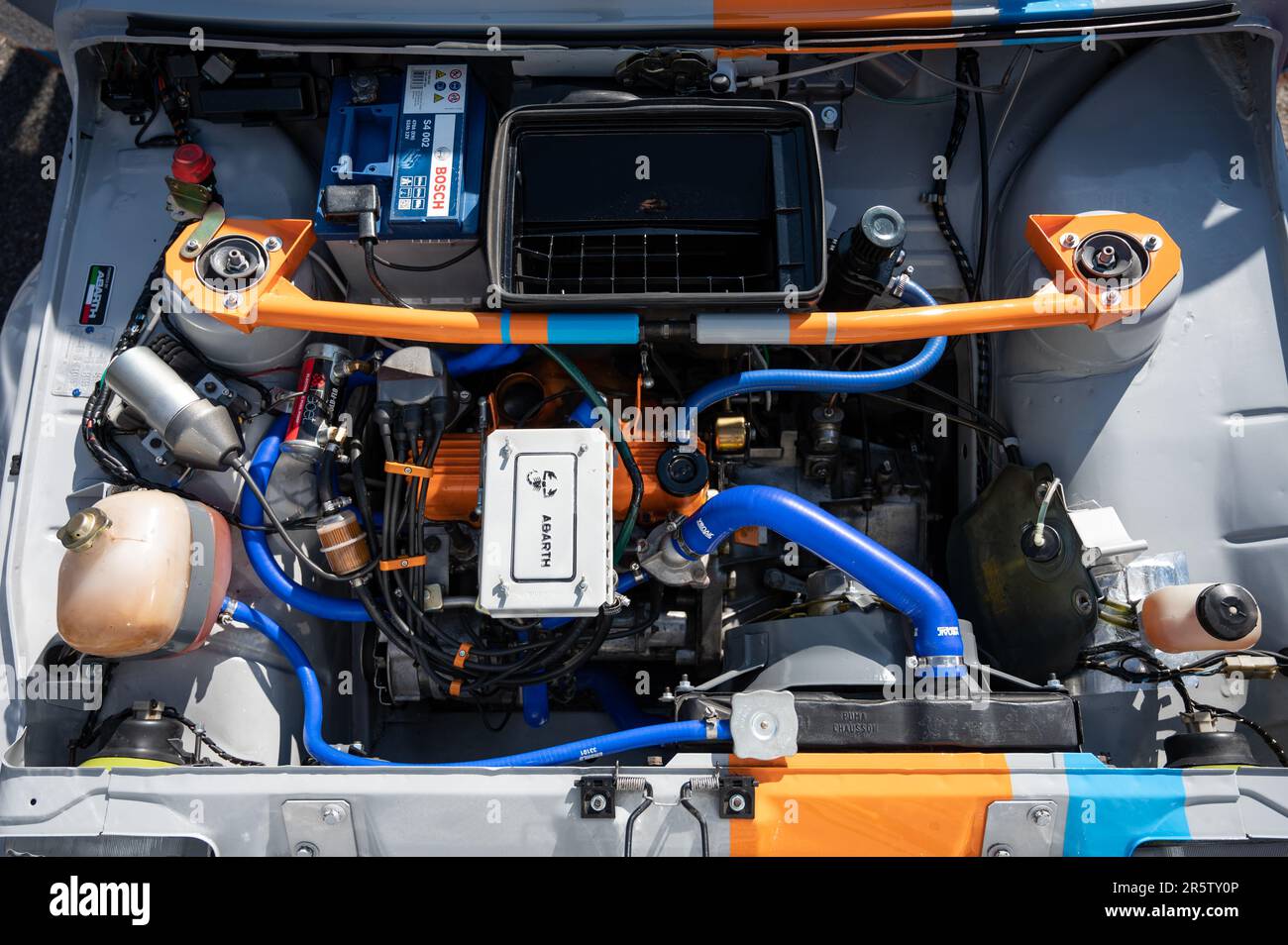 Detail of an old Abarth competition engine restored in his car Stock ...