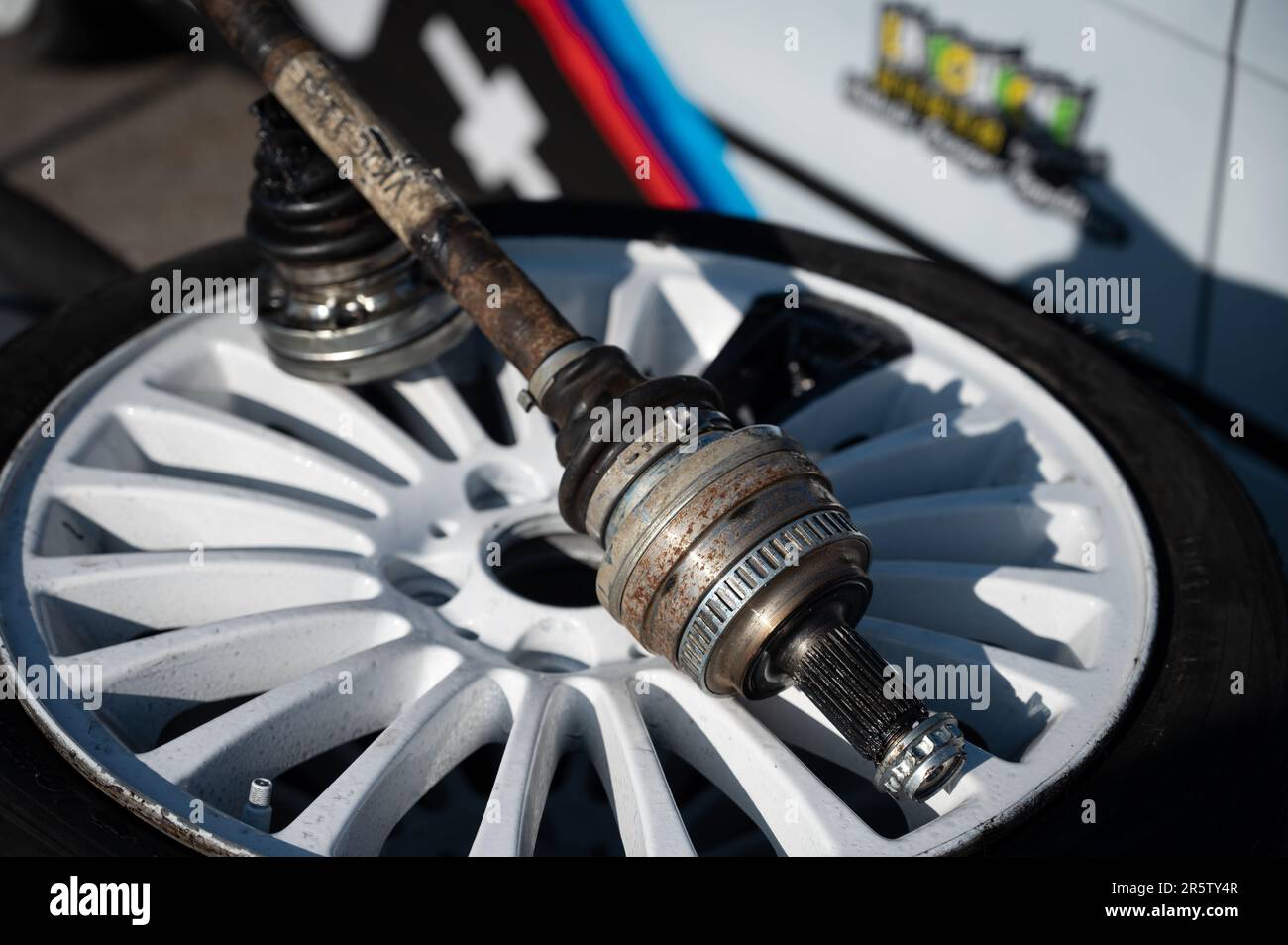 Detail of a split driveshaft due to over-torque in a drift car Stock ...
