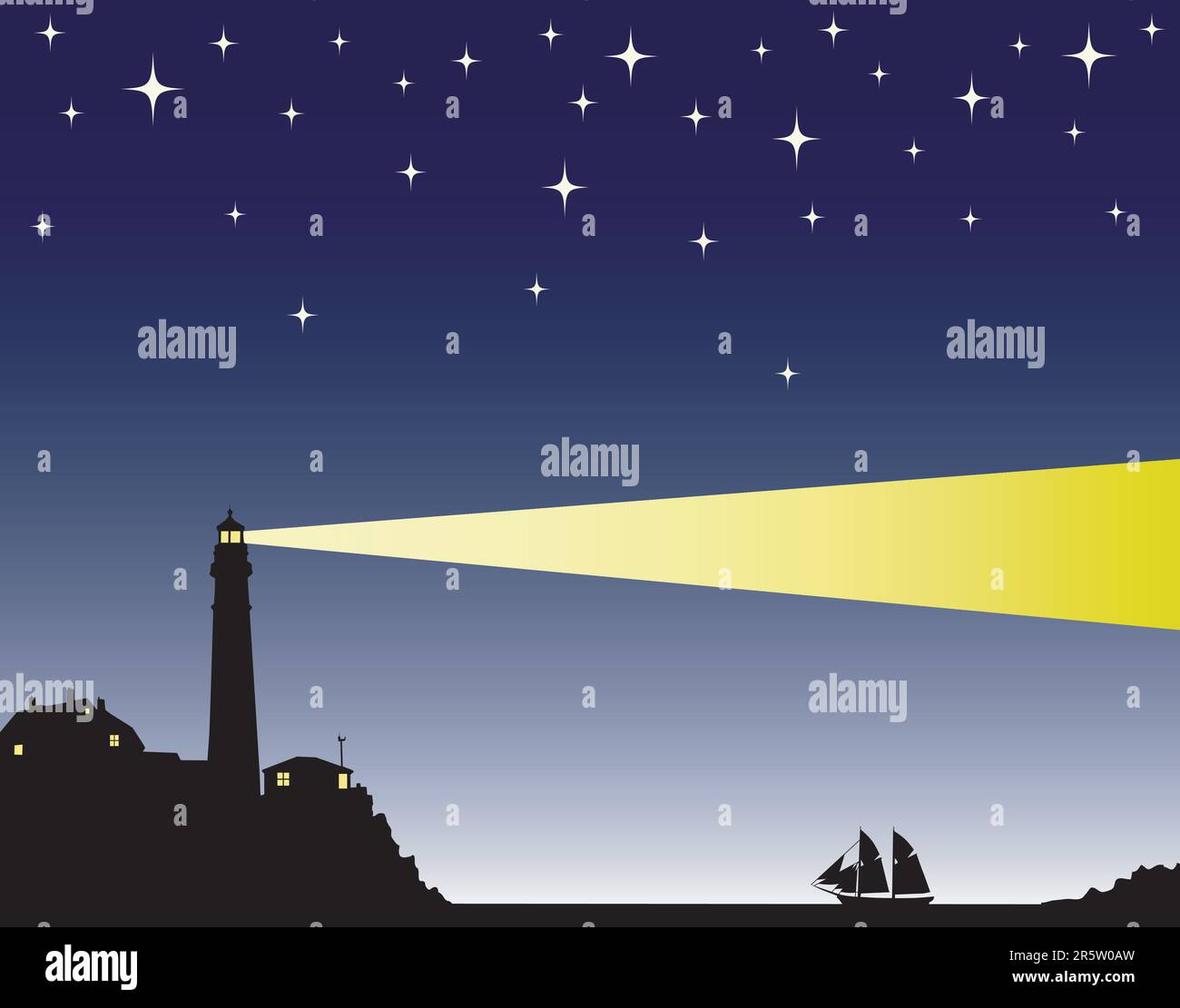 Vector illustration of a lighthouse in the evening Stock Vector Image ...