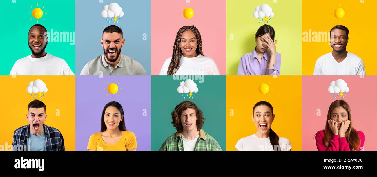 Group Of People Expressing Different Emotions While Standing Over Colorful Backgrounds Stock ...