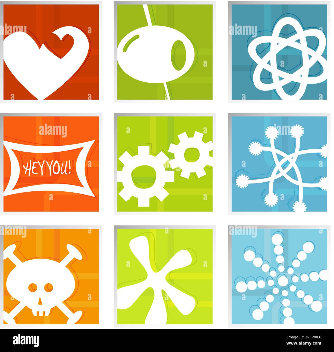 Retro-stylized colorful set of fun icons in beveled frame; symbols kept ...