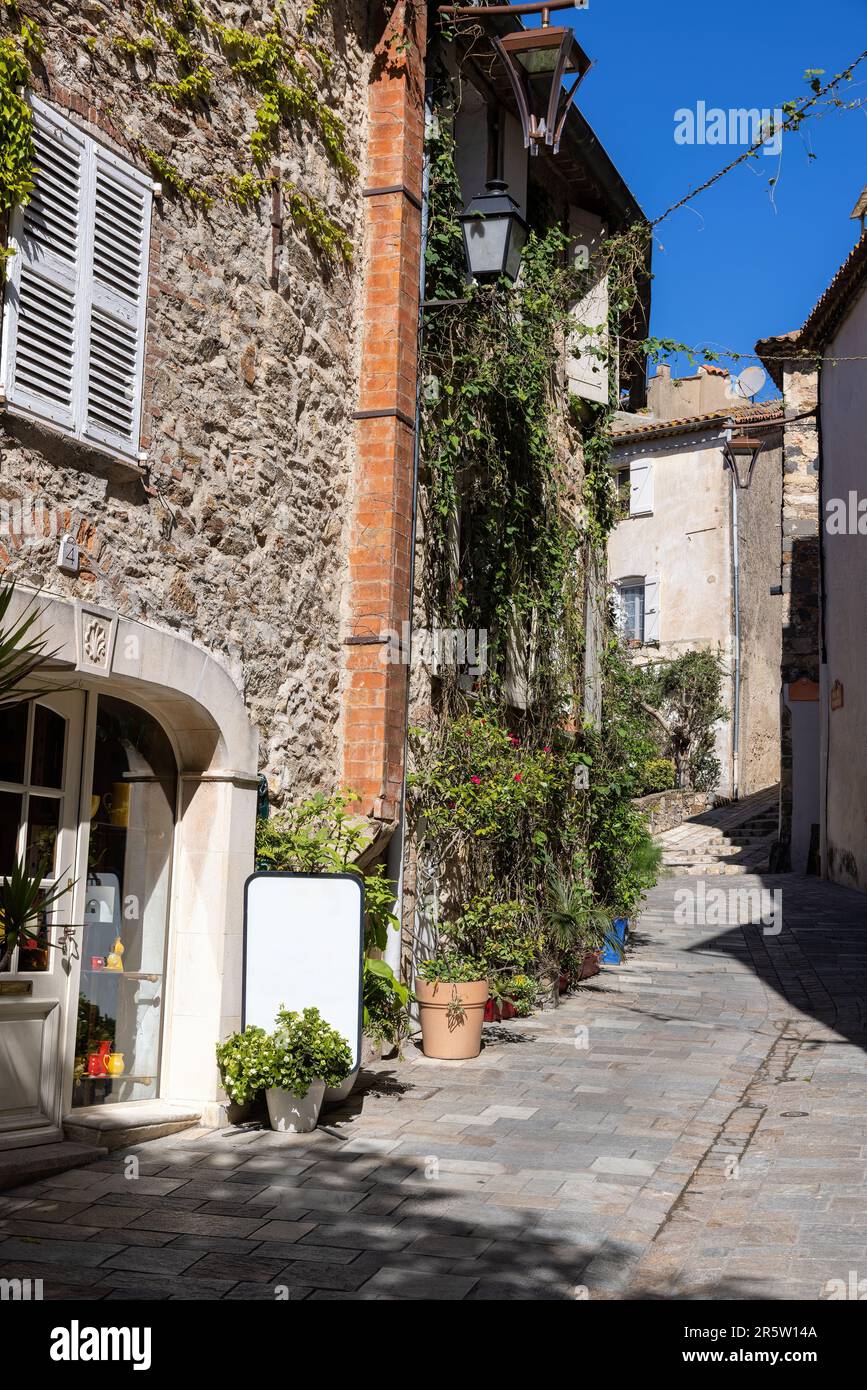 typical southern side street with shops and plants on the Cote d'Azur ...