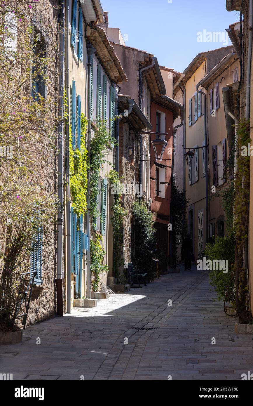 typical southern side street with shops and plants on the Cote d'Azur ...