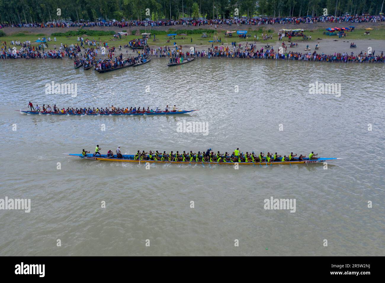 Arial view of a traditional boat race on the Jamuna river, Tangail ...