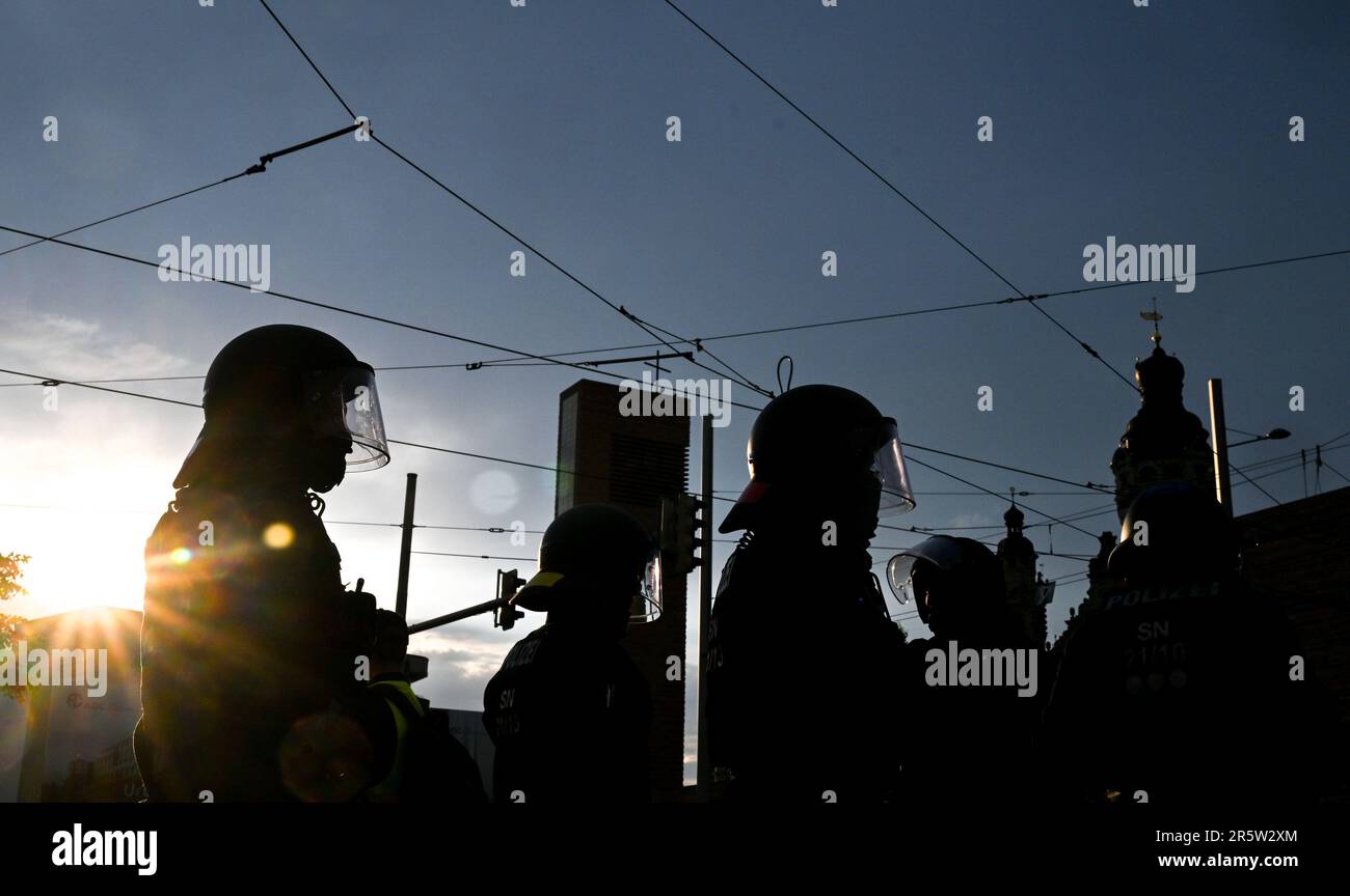 Leipzig, Germany. 05th June, 2023. Police accompany a demonstration in ...