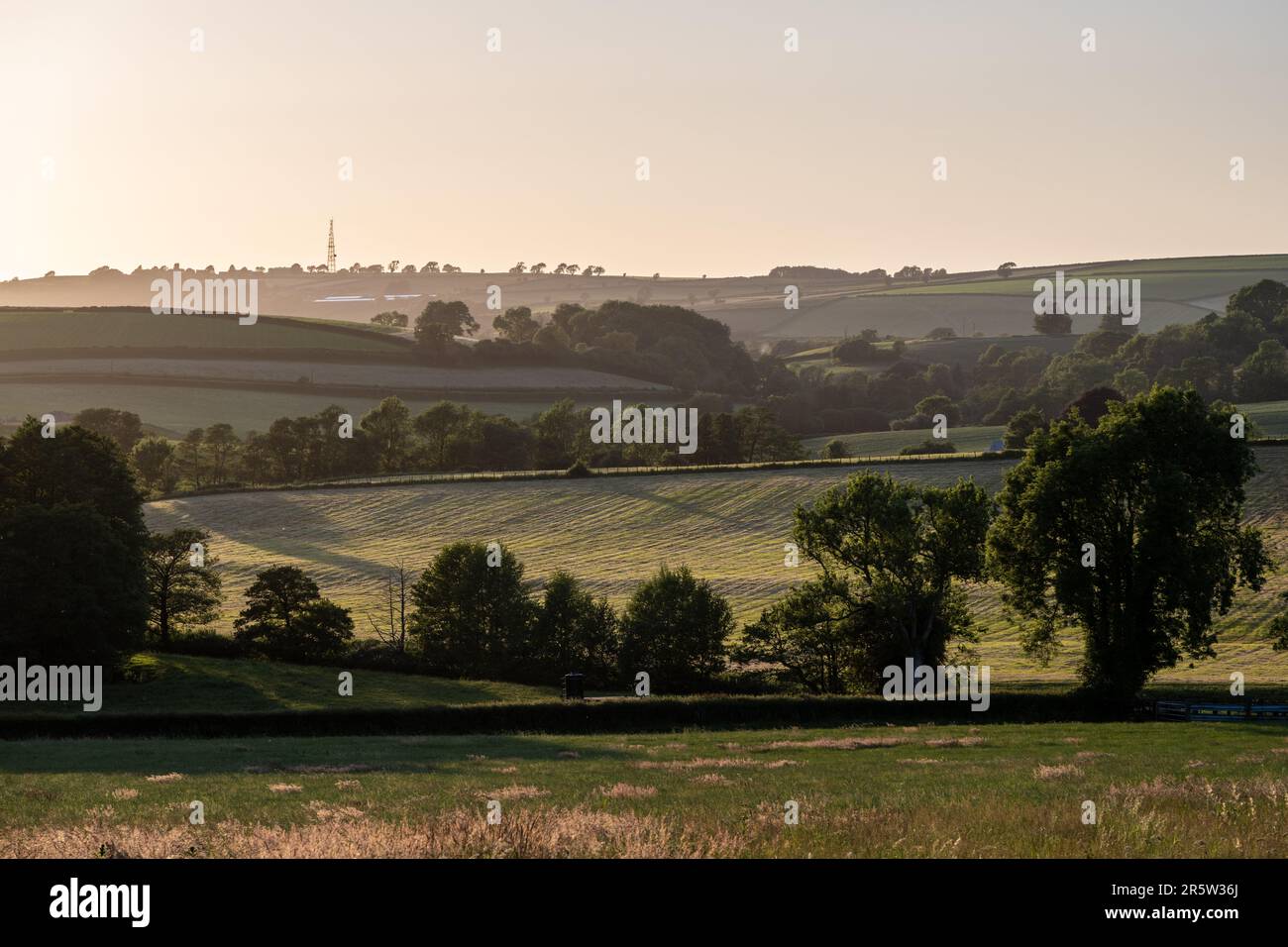 Evening sun shines on Dundry Hill as seen from the Chew Valley in North ...