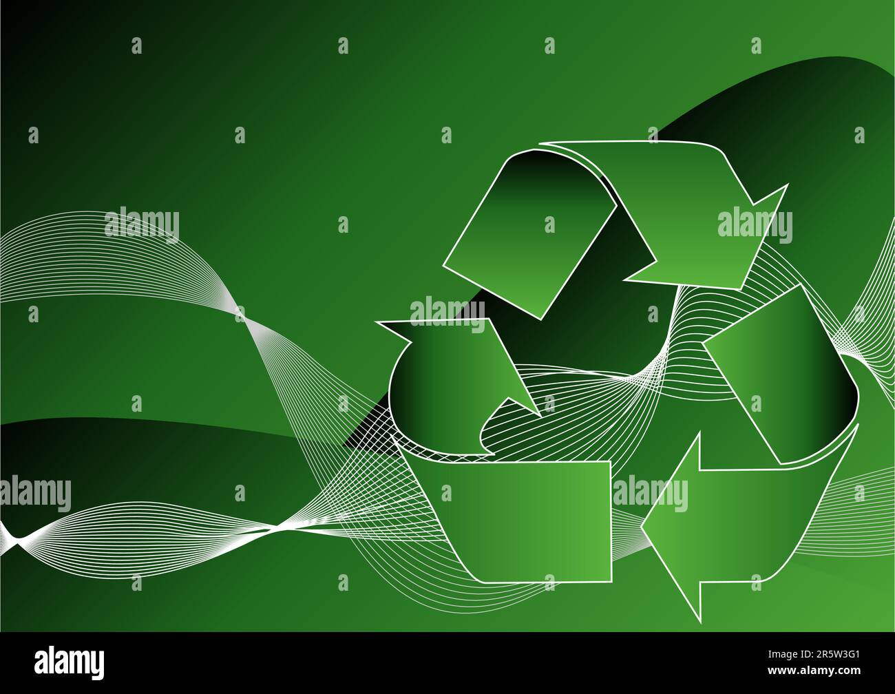 Recycle symbol over green abstract background with waves lines and ...