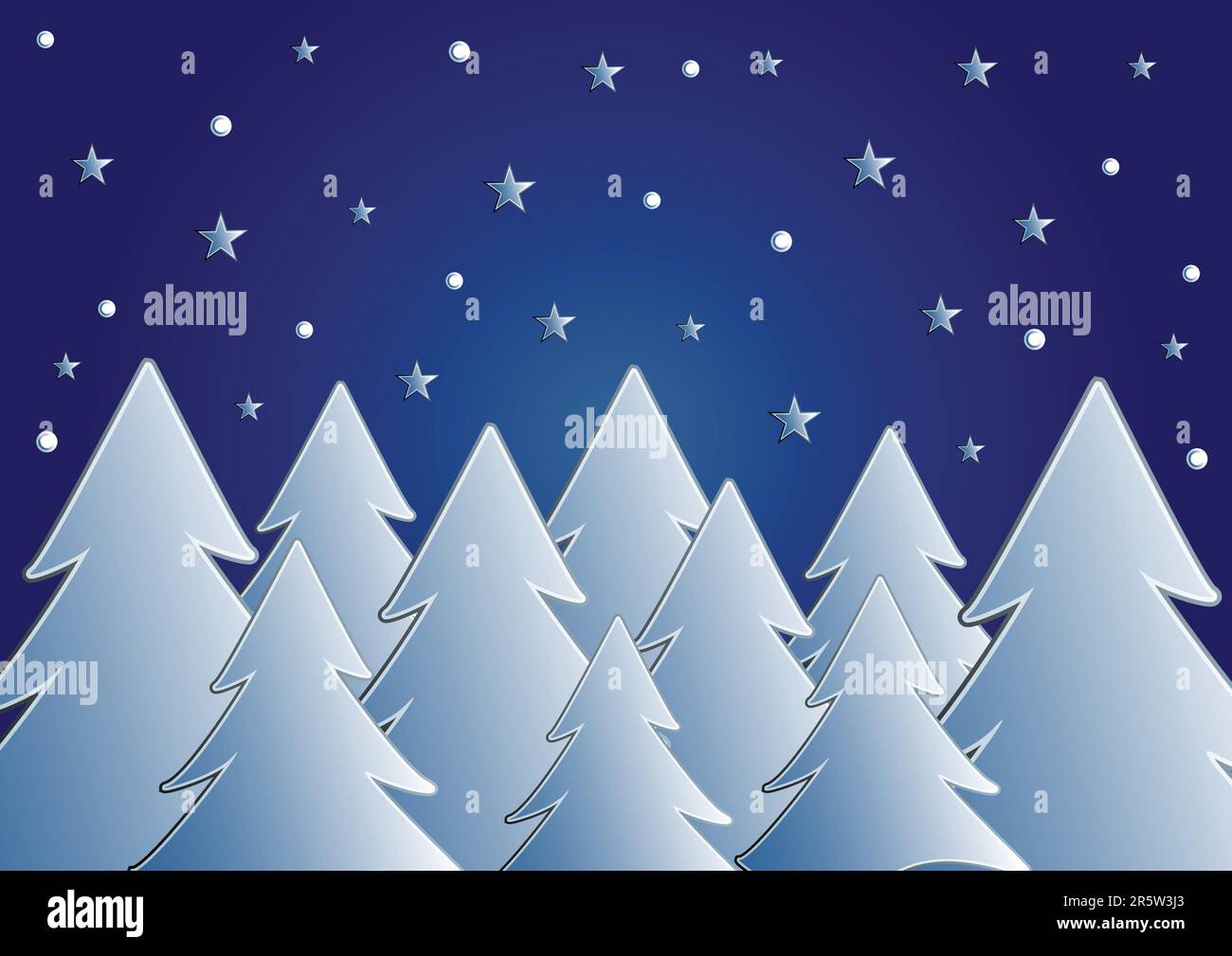 Stylized Christmas background. Trees stars and snow flakes in blue ...