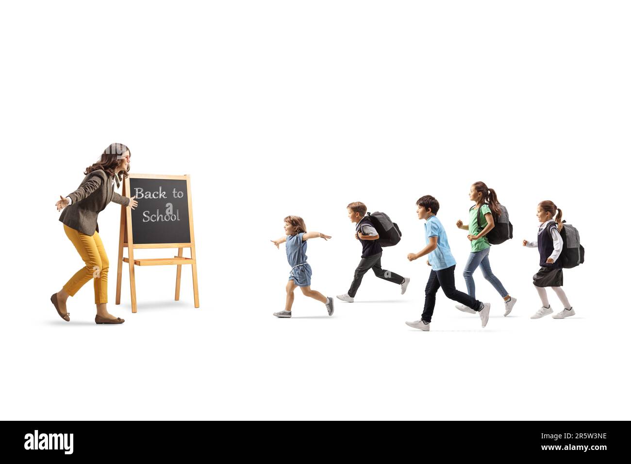 Group of children running towards a teacher and blackboard isolated on ...