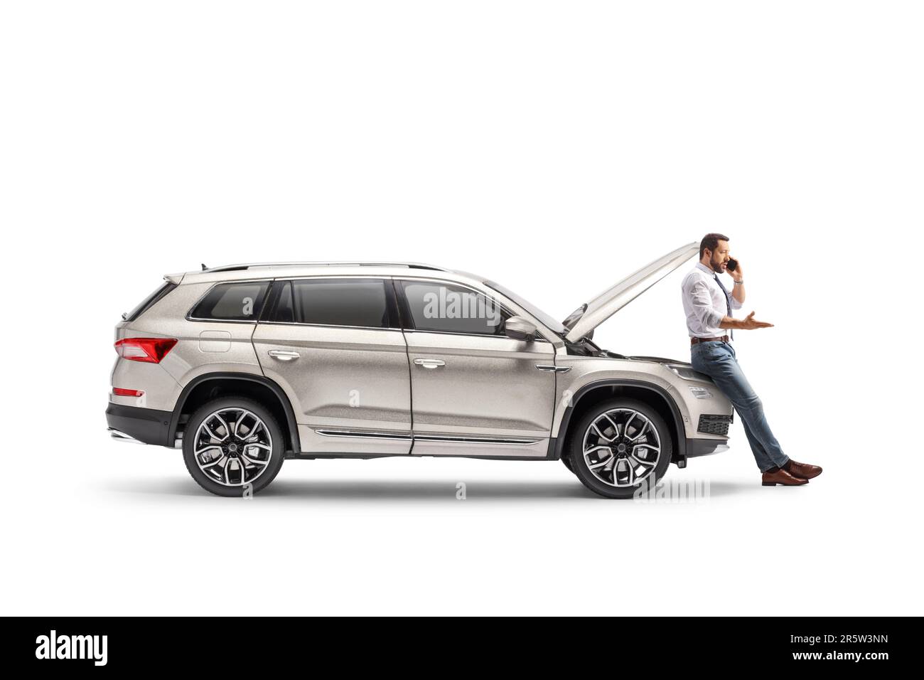 Man with a broken car calling road assistance isolated on white ...