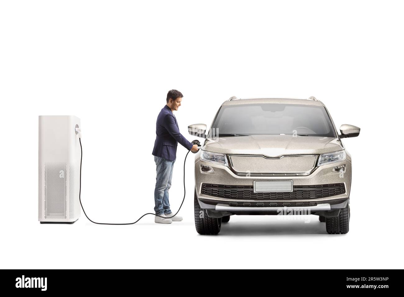 Man charging a SUV at electrical vehicle charging point isolated on ...