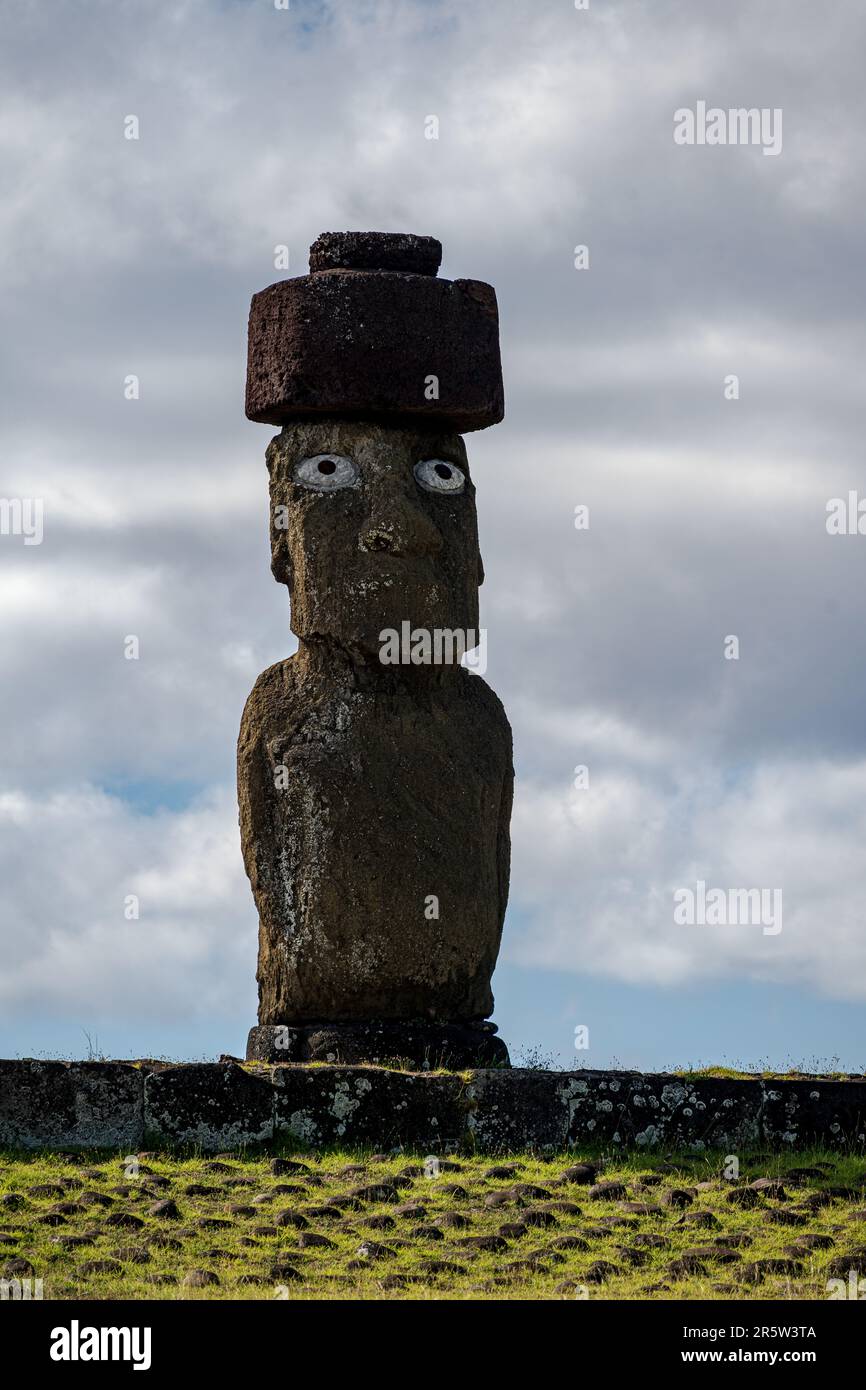 A telephoto shot in vertical format of a Moai statue with clearly ...