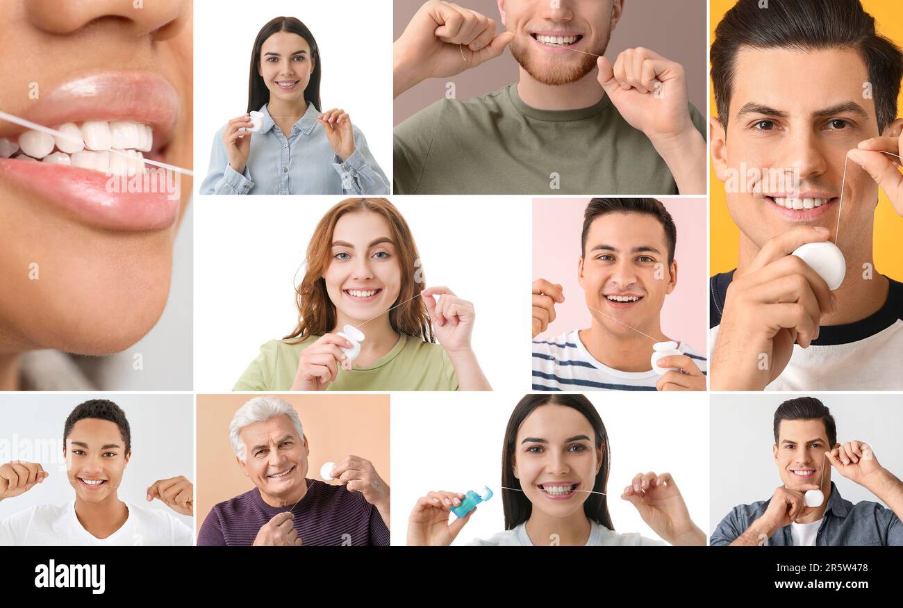 Collage with many people flossing teeth Stock Photo - Alamy