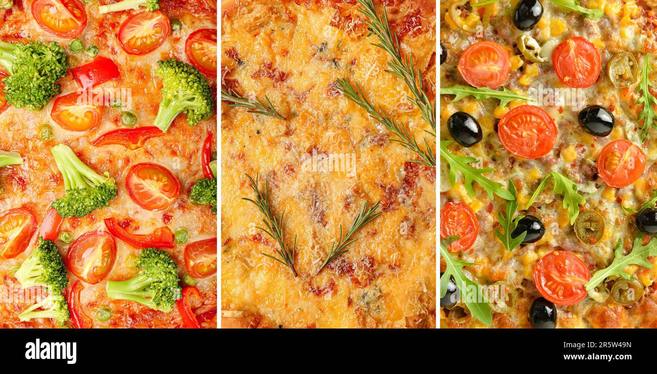 Collage with different pizzas as background, closeup Stock Photo - Alamy