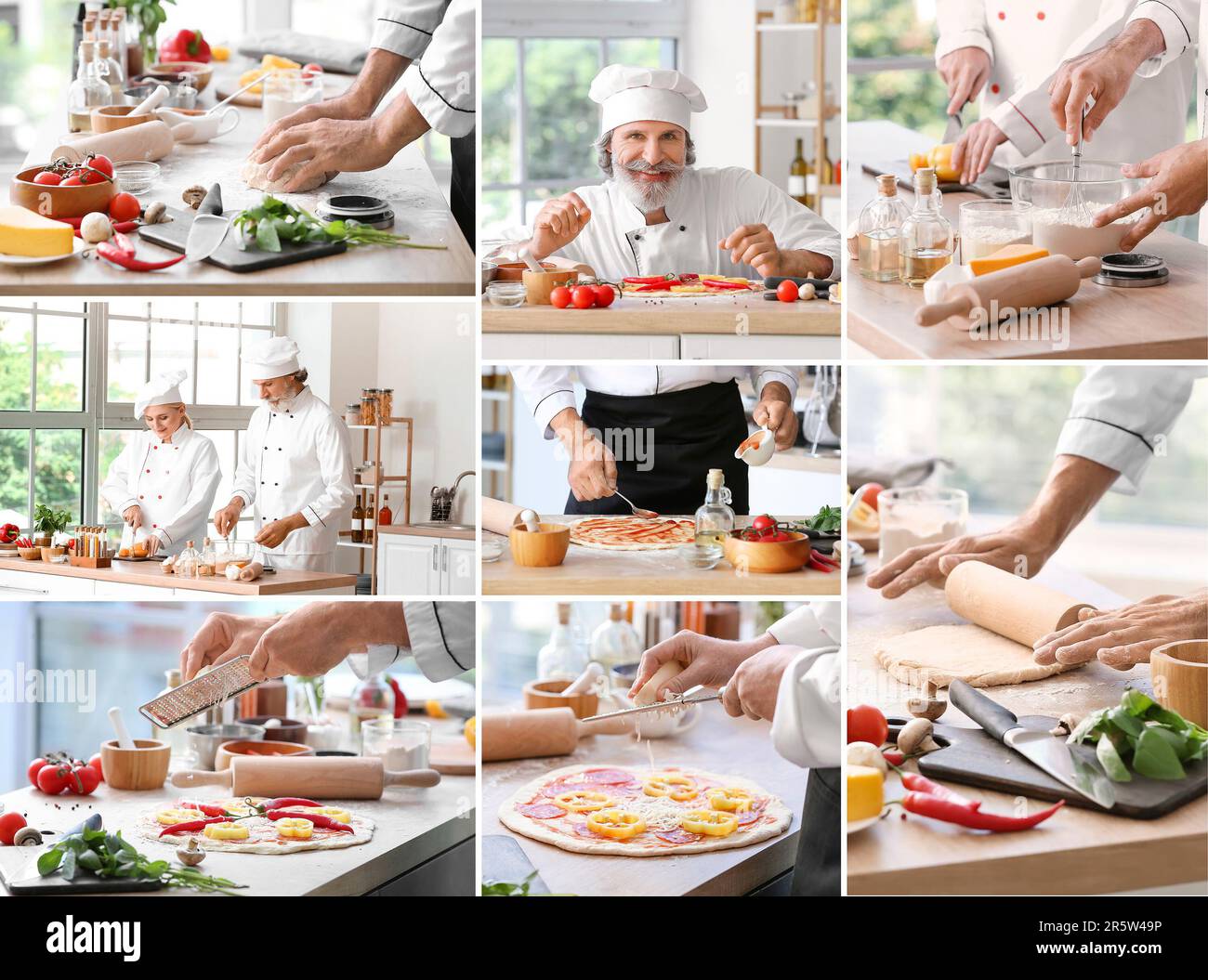Collage with chefs cooking tasty pizzas Stock Photo - Alamy