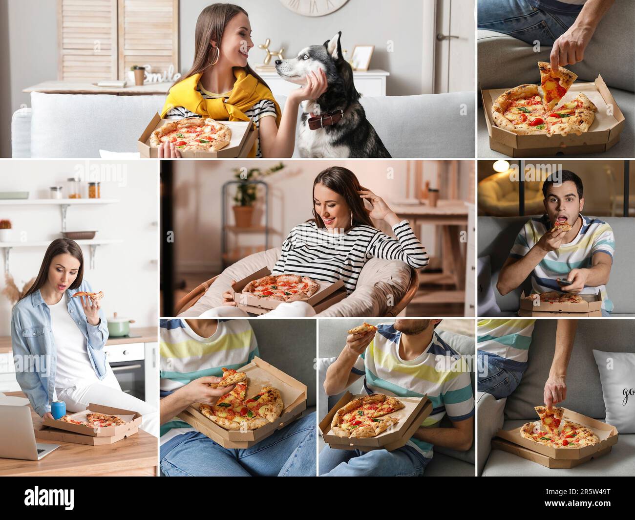 Collage with people eating pizza at home Stock Photo - Alamy
