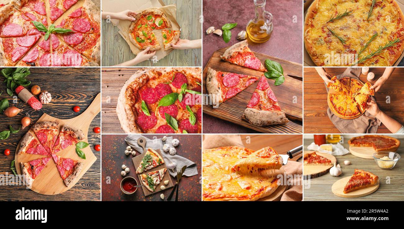 Collage with many different pizzas Stock Photo - Alamy