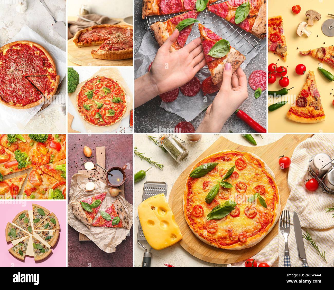 Collage with many different pizzas Stock Photo - Alamy