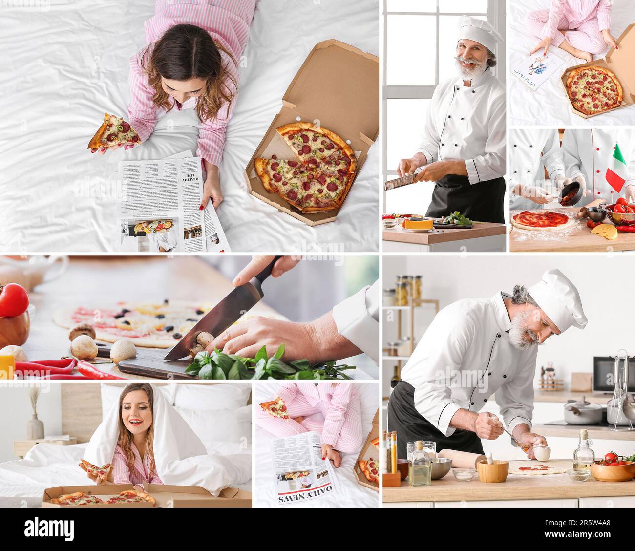 Collage with chef cooking tasty pizza and young woman eating it Stock ...