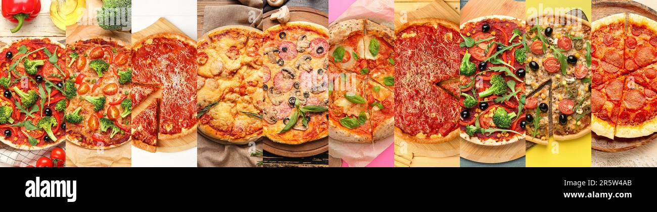 Collage with many pizzas on color background, top view Stock Photo - Alamy