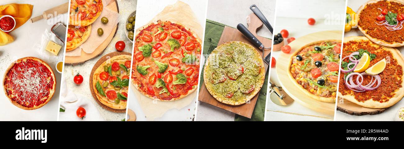 Collage with different pizzas on light background Stock Photo - Alamy