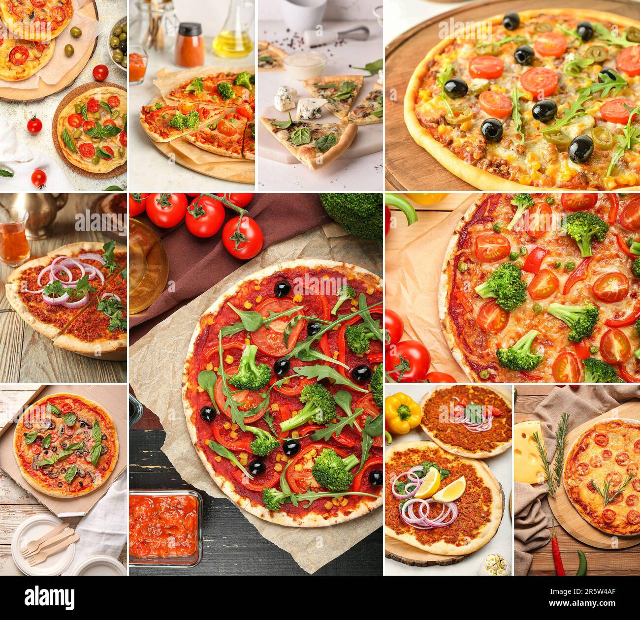 Collage with different yummy pizzas Stock Photo - Alamy